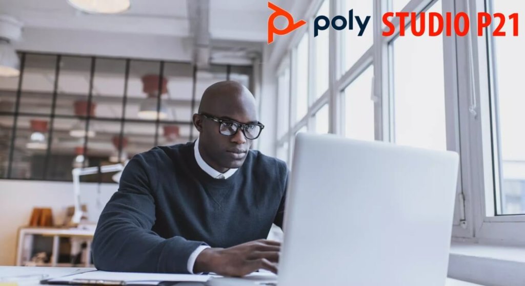 Poly Studio P21 single device includes display, cam, microphone, speaker