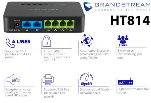 Grandstream HT814 is a 4-port VoIP gateway Supports 2 SIP profiles